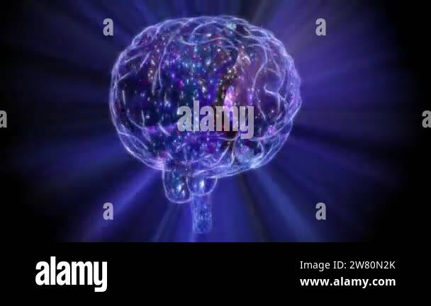 Rotating human brain hologram, light rays - thinking process ...