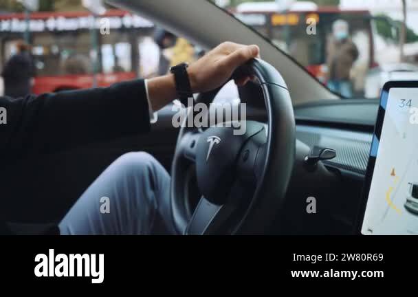 ROME, ITALY - APRIL 28, 2021: Tesla car drive test on the streets of ...