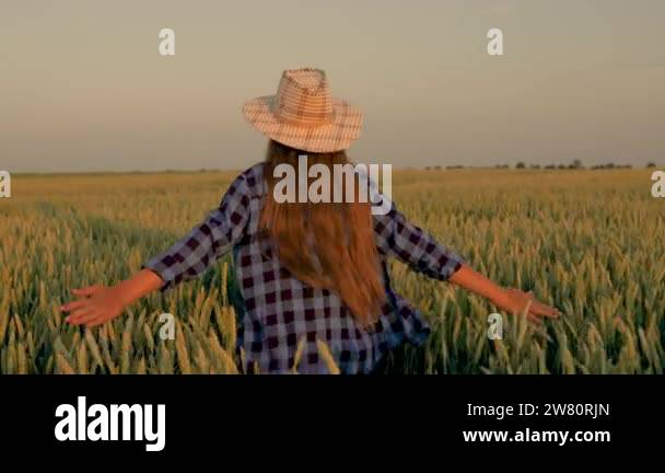 agriculture, happy farmer running in green field of wheat, agronomist ...