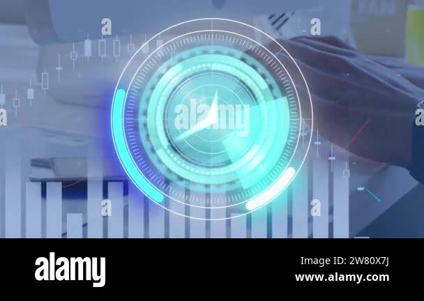 Animation of scope scanning with clock over computer keyboard. global connections, data ...
