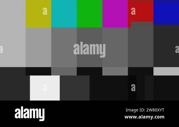 SMPTE color bars with glitch effect and with periodically pop-up text ...