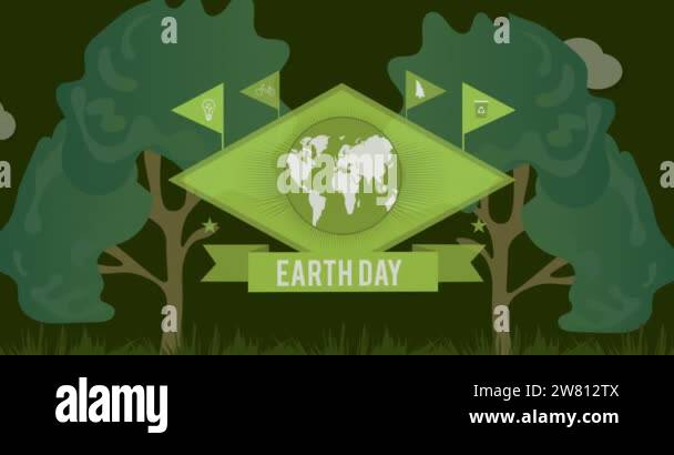 Animation of globe and earth day with flags over trees on dark green ...