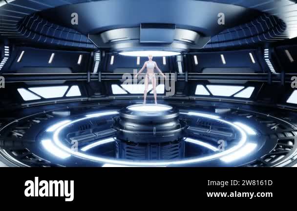 Female robotic droid in sci fi futuristic metall room. Future concept ...