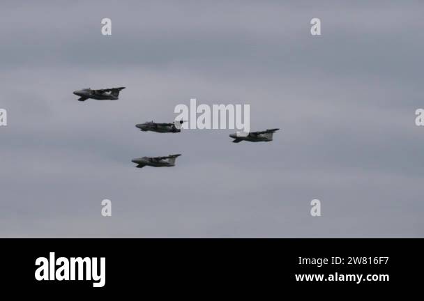 Formation of 4 military jet aircraft in flight. 4K military video Stock ...