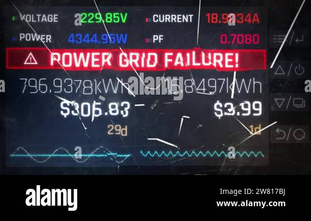 Broken screen of electric meter showing power grid failure message ...