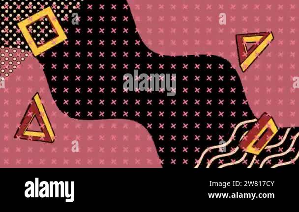 Animation of rotating triangles, waves, crosses and abstract shapes on black background ...