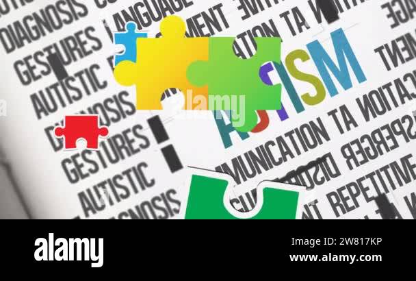 Animation of colourful puzzle pieces, autism awareness month text ...