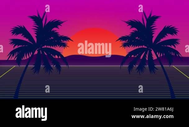 Miami 80s style background animation. Purple layout design. Red sun ...