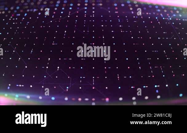 Moving energy points in computer board. Animation. Computer field with glowing dots and moving ...