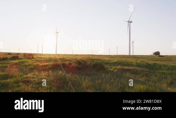 Wind turbines in countryside landscape with cloudless sky, sunlight and ...