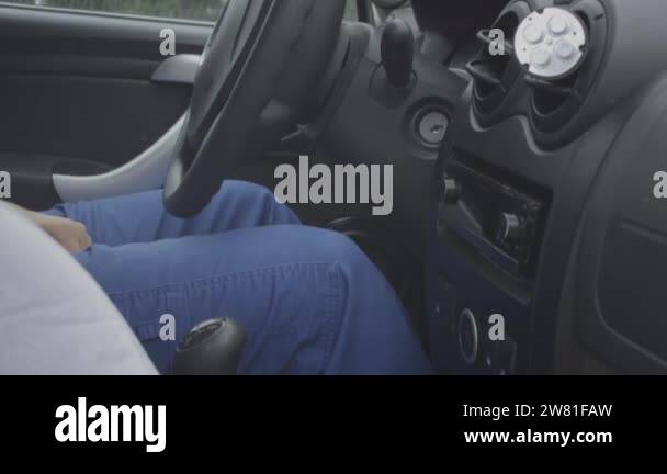 Starting car engine. The man starts a mechanical car. Turns the ...