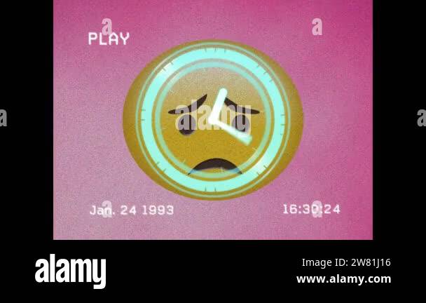 Vhs glitch effect and neon digital clock ticking over sad face emoji against pink background ...