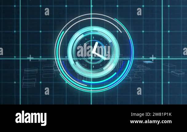 Animation of scope scanning with clock over digital sketch of cityscape on black background ...