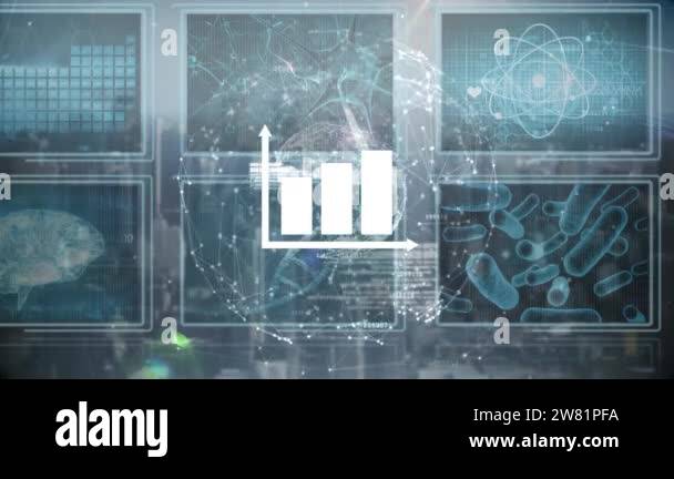Animation of statistic graph over globe on screens with scientific data ...