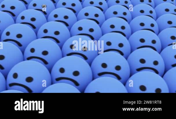 smiling emoticon in a huge array of sad emojis. to be different Stock ...