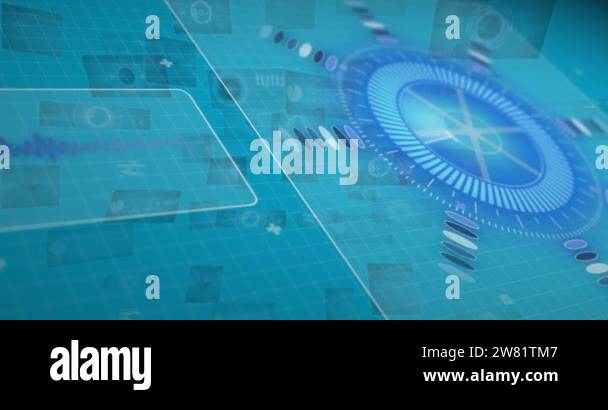 Animation of scope scanning and moving screens with data processing. global connections, data ...