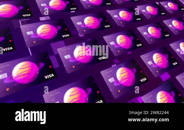 Rows of new virtual visa banc credit cards. Motion. Special card design ...