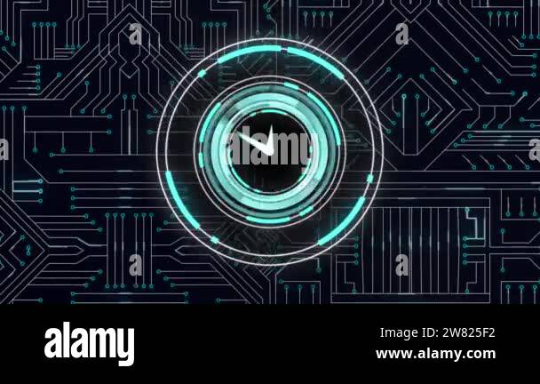 Animation of scope scanning with clock over digital interface on black background. global ...