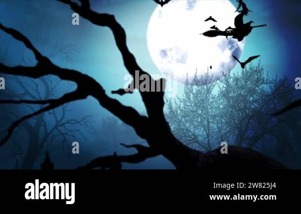 Halloween animation with the concept of green night, moon, shining ...