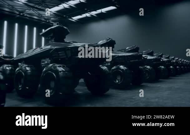 Futuristic military tanks in military base. Realistic 4k animation ...