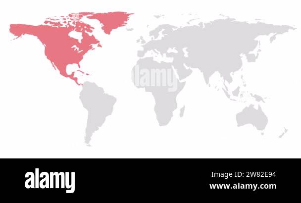 2D World map with red highlighting of North America. Allocation of the ...