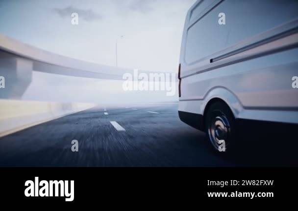3d generic white delivery van on highway. Very fast driving. Delivery ...