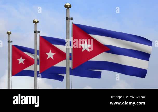3D, Cuban flag waving on wind with blue sky and clouds. Cuba banner ...