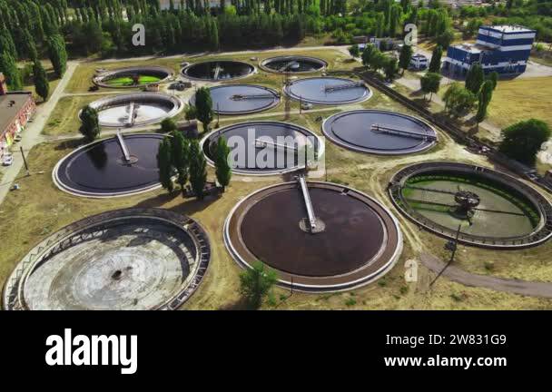 Sewage treatment plant. Sedimentation round basin or clarifier in ...
