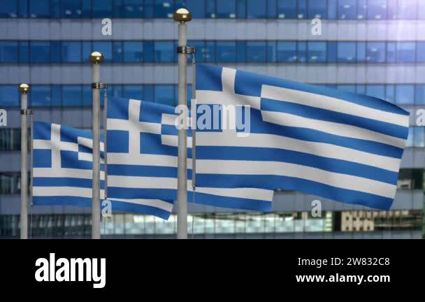 3D, Greek flag waving on wind with modern skyscraper city. Greece ...