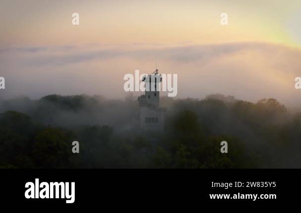 The observation tower on Mount Akhun. Fog over the top of the mountain ...