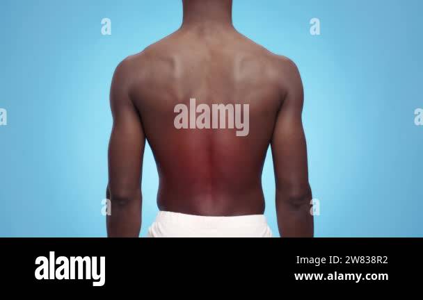 Lumbago concept. Back view shot of black muscular man posing shirtless ...