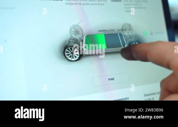 ROME, ITALY - APRIL 28, 2021: Touchscreen dashboard panel of Tesla car ...