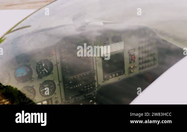 Screw aircraft. control wheel instrumental panel. close-up. Retro plane ...