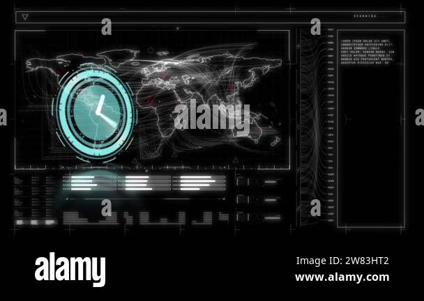 Animation of clock moving fast and data processing with world map on screen. global connections ...