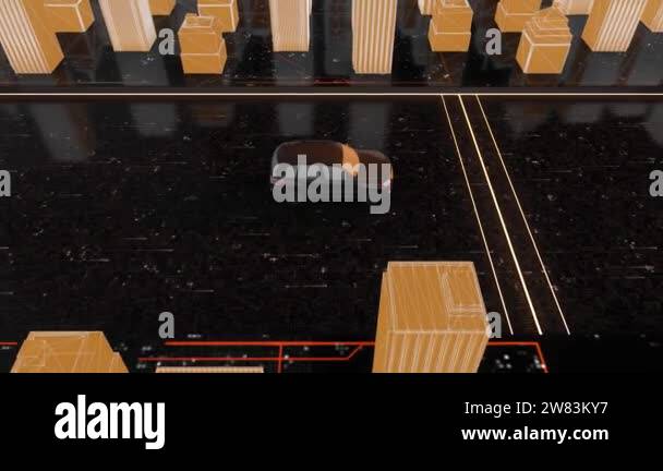 Flying over 3D virtual geometric city with a brown car driving among ...