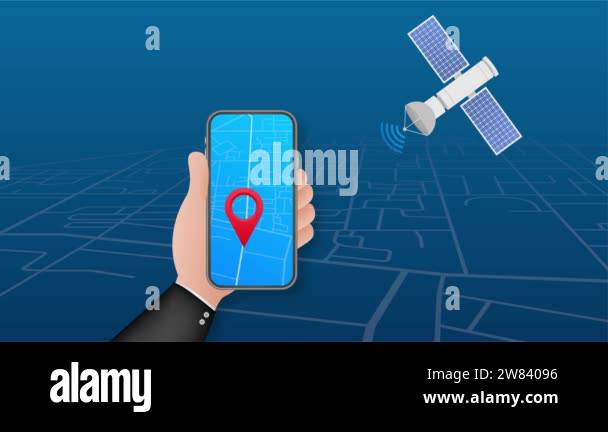 Smartphone with mobile navigation app on screen. Route map with symbols showing location of man ...