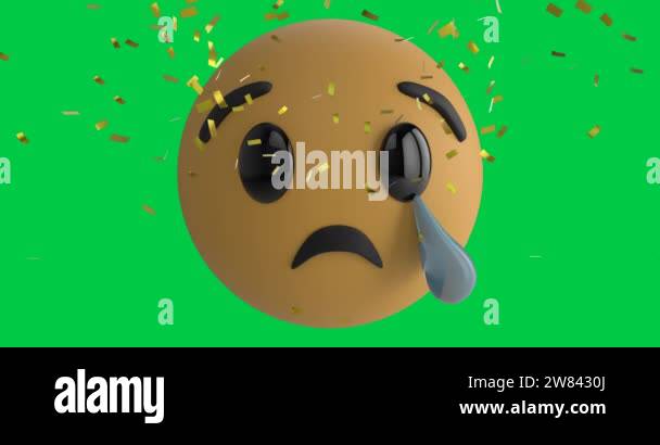 Animation of confetti falling over crying emoji emoticon icon on green ...