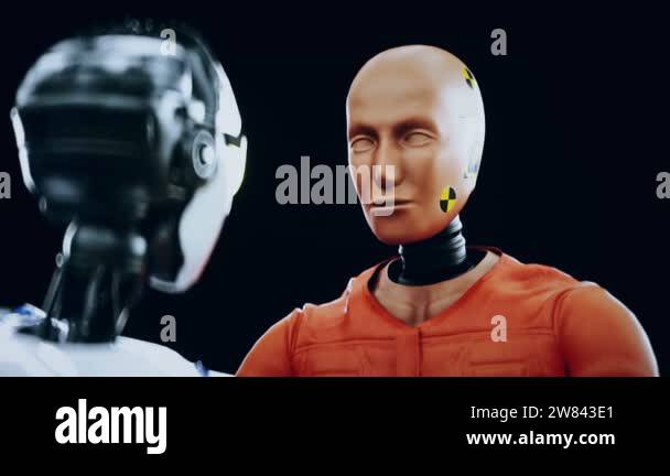 Robot crash test dummy and female robot. Future concept. Realistic 4k ...