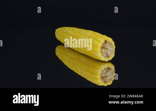An ear of boiled corn on black mirror. Extrem close-up. Side view. Loop ...
