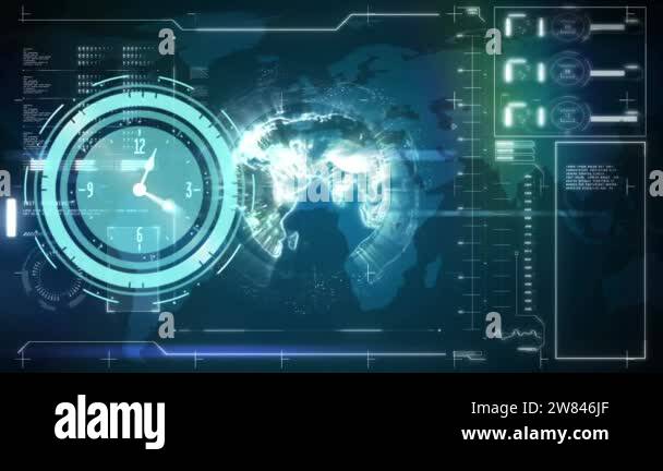 Animation of clock moving fast and data processing with world map on screen. global connections ...