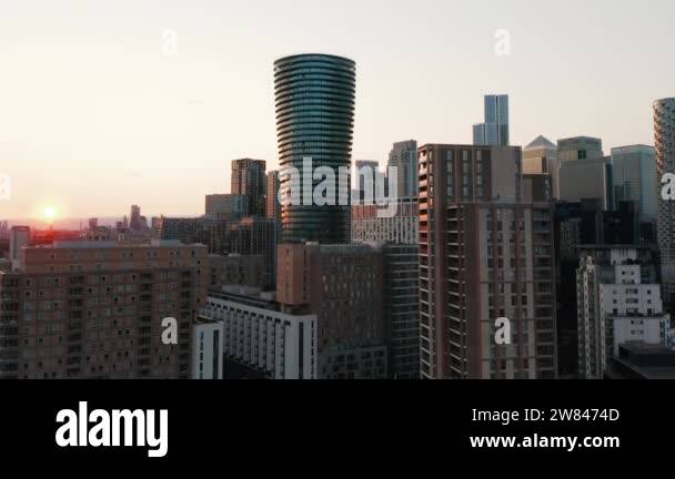 Ascending footage of skyscrapers in modern business Canary Wharf ...