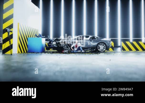 Human crash test dummy sitting near destroyed car crash test. Future ...