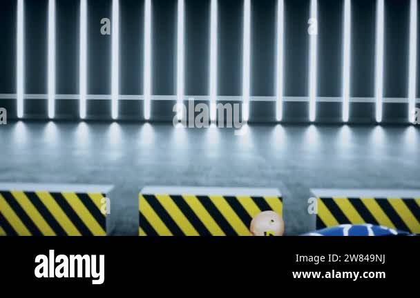 Robot crash test dummy speaking near car crash test. Future concept ...