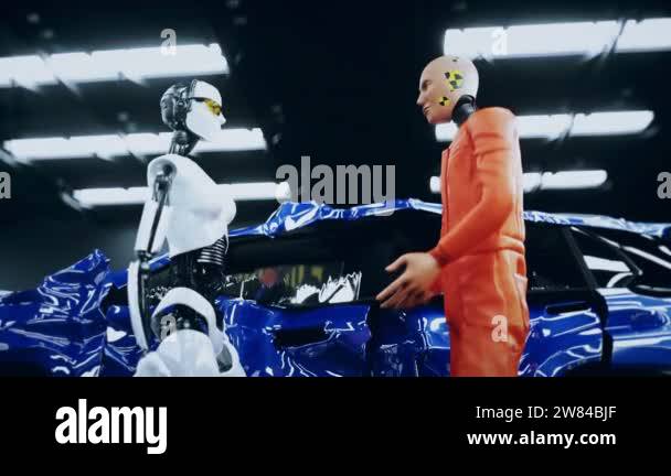 Robot crash test dummy and female robot. Future concept. Realistic 4k ...