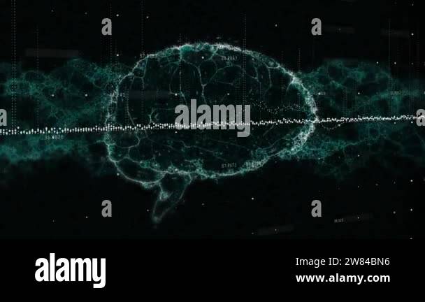 Multiple changing numbers over human brain and digital wave against ...