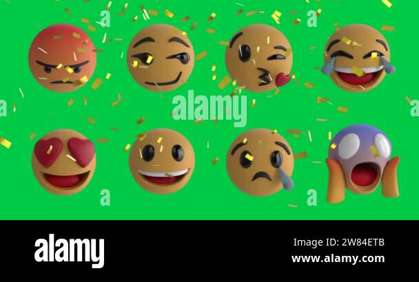 Animation of confetti falling over rows of emoji emoticon icons over ...
