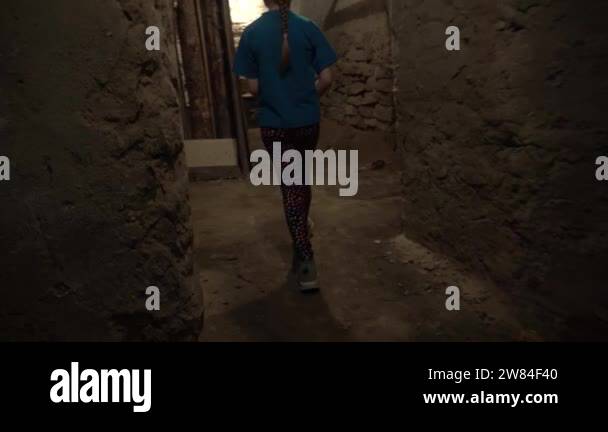 Walk through an old dark underground basement or a closet in an old ...