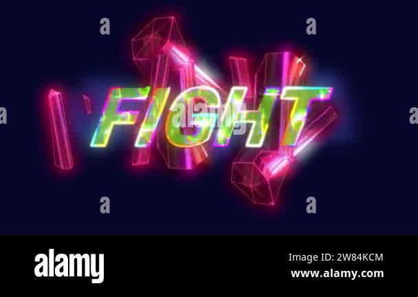 Animation of fight text over glowing 3d moving shapes. video game ...