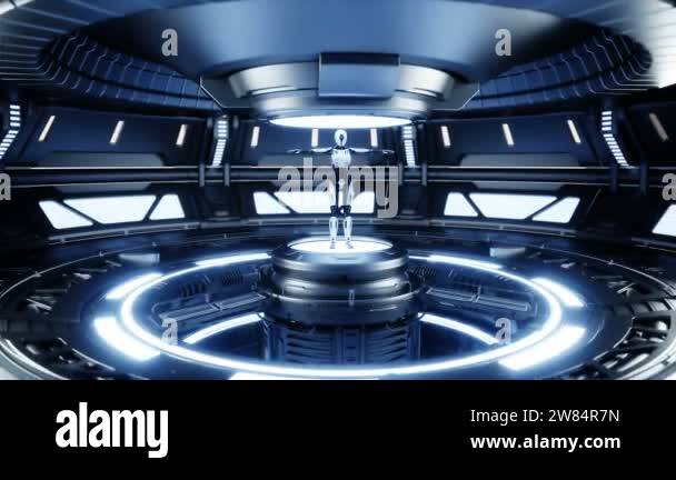 Female robot in sci fi futuristic metall room. Future concept ...