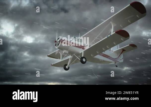 The antonov An-2 bi-plane fly in bad weather. Old white retro plane ...